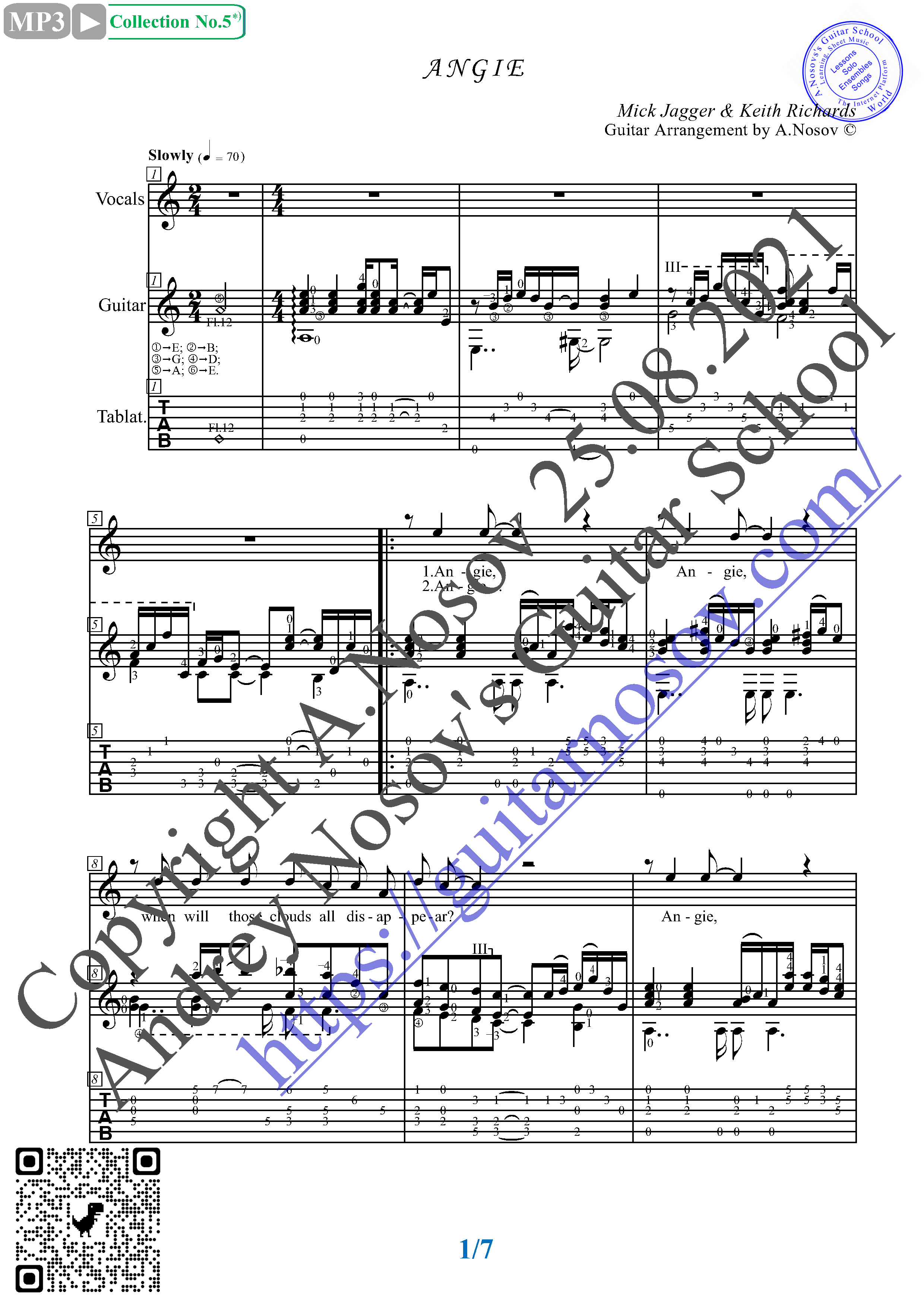 Buy Angie (Vocals Guitar Sheet Music Tabs) and download